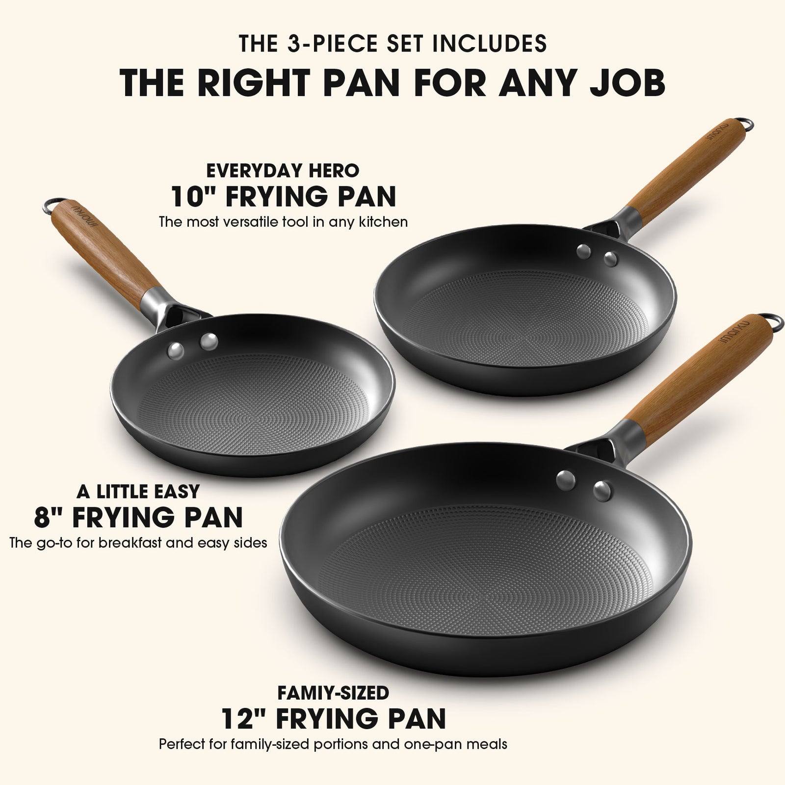 Imarku 3 Piece Non-stick Frying Pan Set 8", 10" & 12", Removable Wood ...