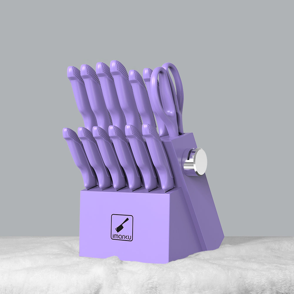 Imarku 14 Piece Purple Knife Set with Stainless Steel Blades PP Handles ...