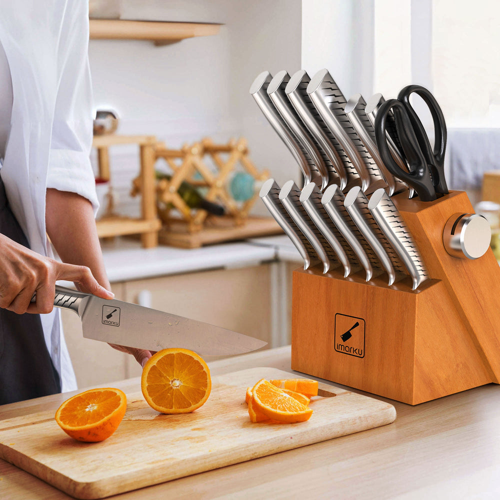 Modern Chef Knife Set with Block and Engraving Knife Handle Design | Imarku