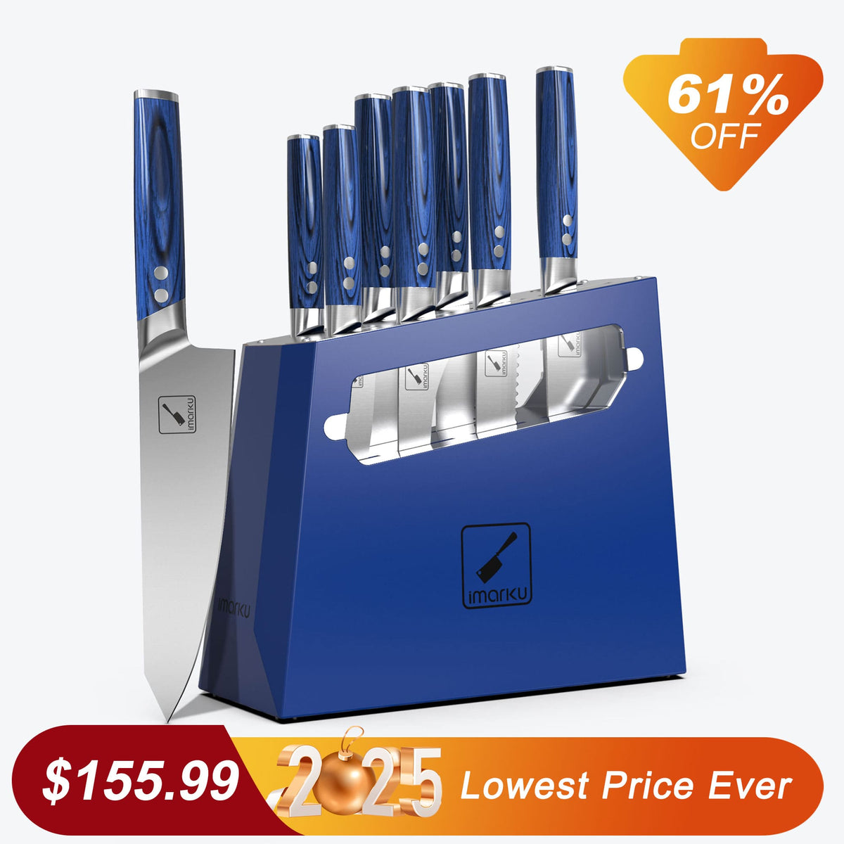 9 Pcs Food Grade Stainless Steel Blue Knife Set With Sharpener | Imarku