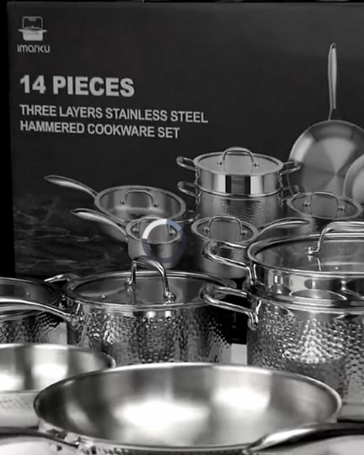 Premium Hammered Stainless Steel Cookware Set and Knife Set Design Bun ...
