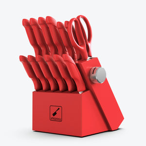 Red Knife Set with Built-in Sharpener Stainless Steel Blades PP Handles ...