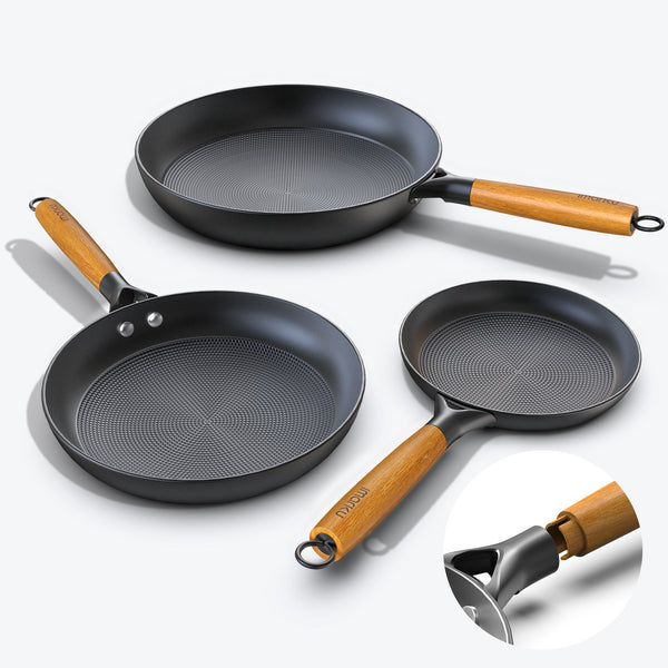 Cast Iron Non Stick Pans 3-Piece Skillets with Detachable Wooden ...