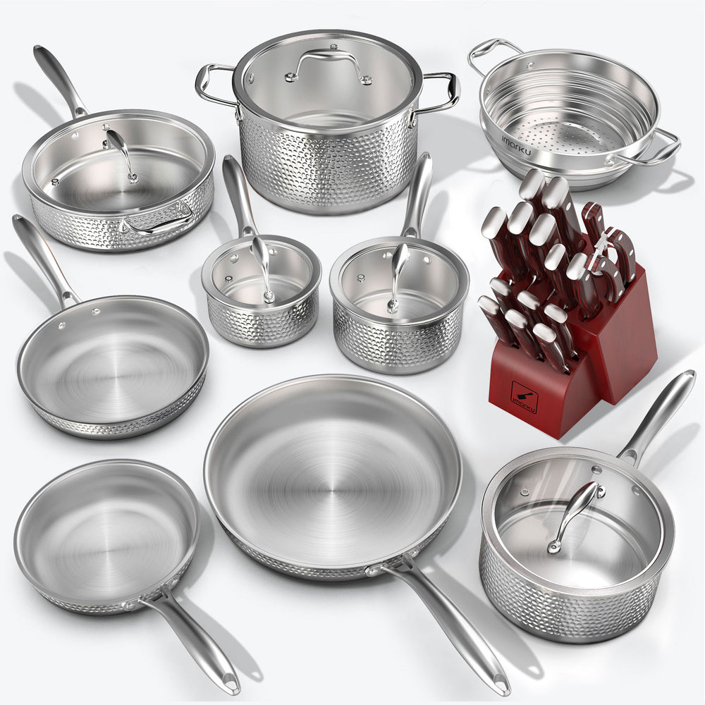 Imarku Premium Stainless Steel Cookware Set and Knife Set Hammered ...