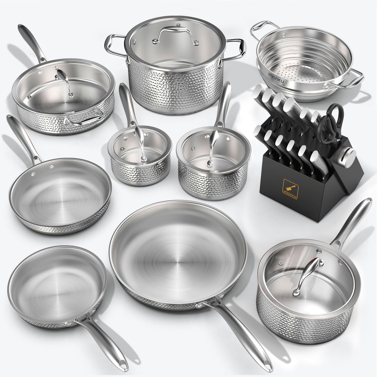 Premium Hammered Stainless Steel Cookware Set and Knife Set Design ...